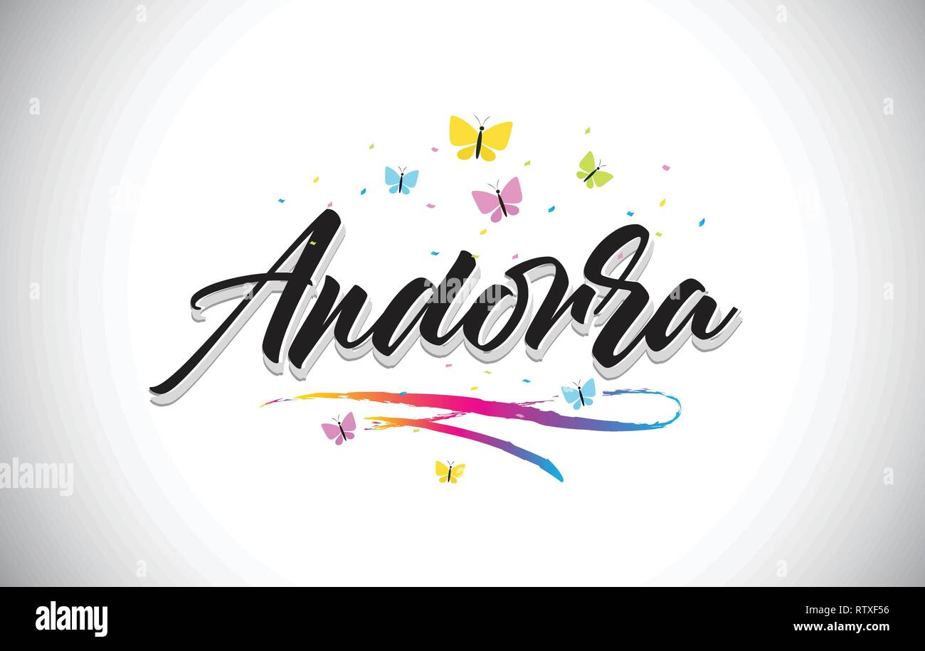 Andorra Handwritten Word Text with Butterflies and Colorful Swoosh ...