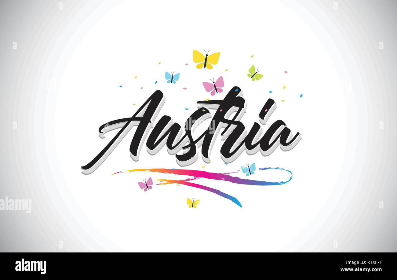 Austria Handwritten Word Text with Butterflies and Colorful Swoosh ...