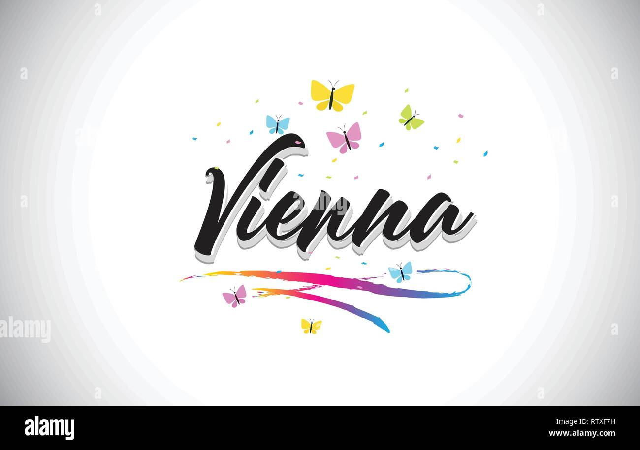 Vienna Handwritten Word Text with Butterflies and Colorful Swoosh ...