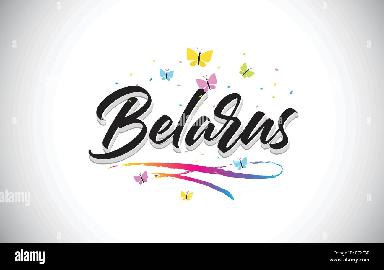 Belarus Handwritten Word Text with Butterflies and Colorful Swoosh ...