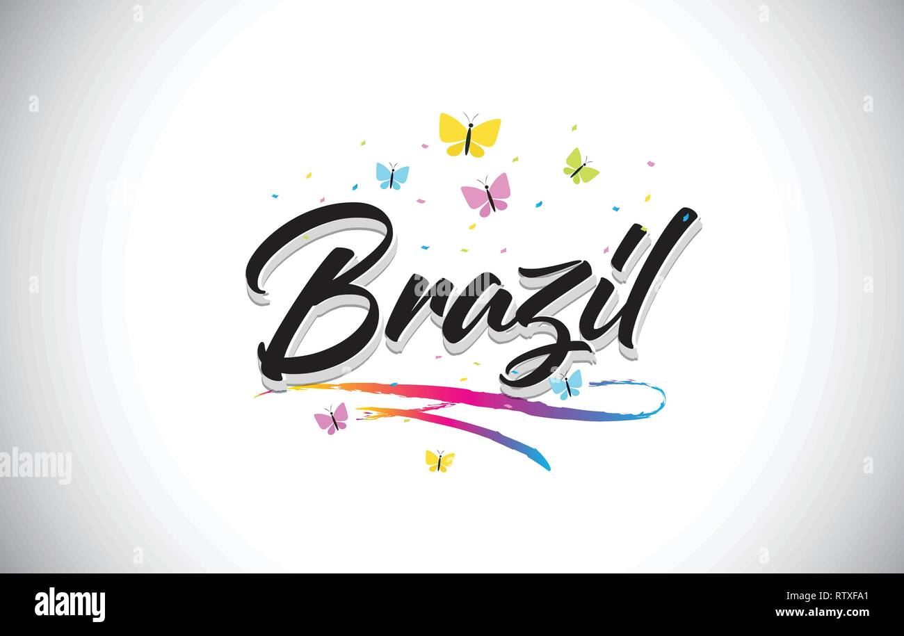 Brazil Handwritten Word Text with Butterflies and Colorful Swoosh ...
