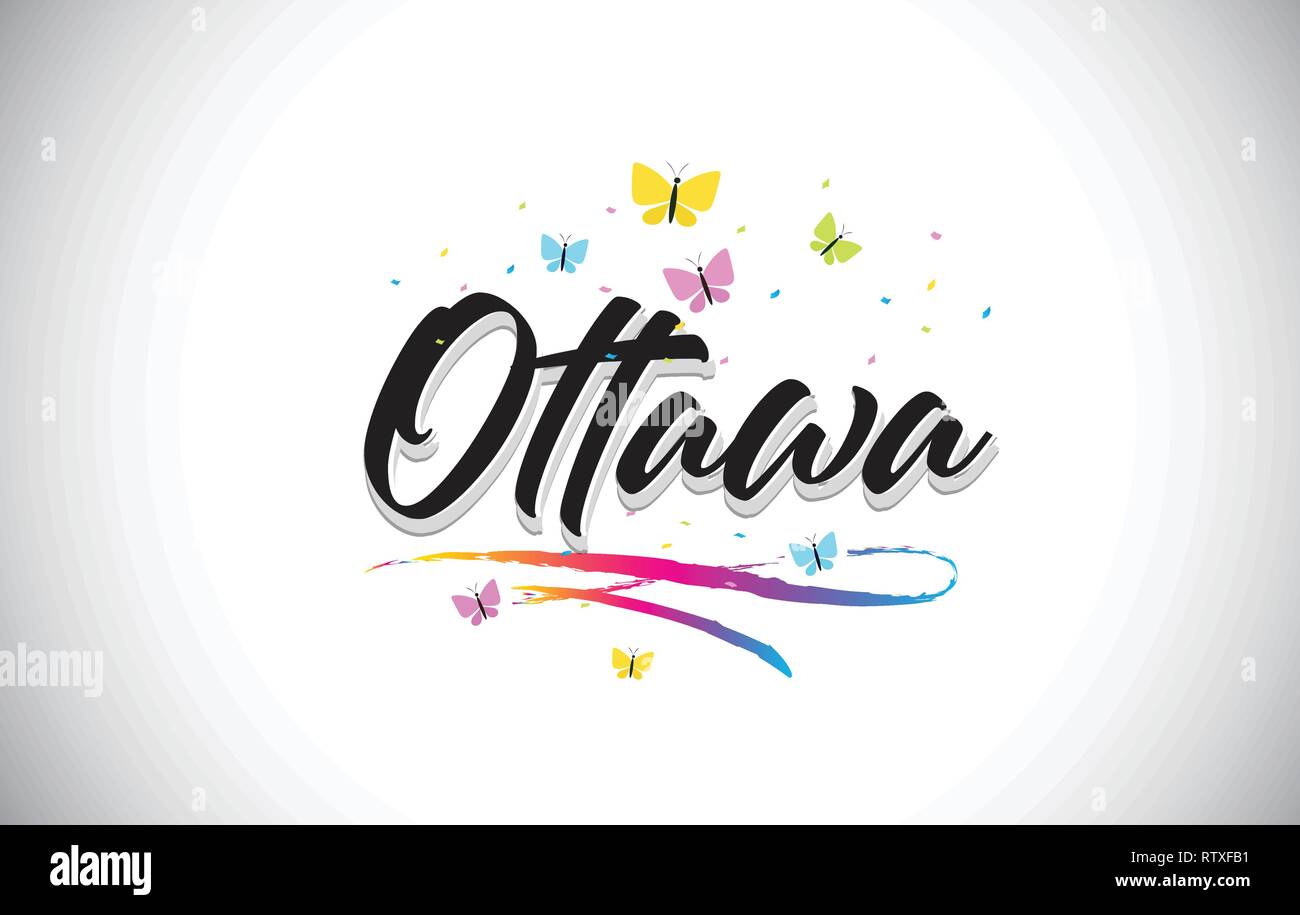 Ottawa Handwritten Word Text with Butterflies and Colorful Swoosh ...