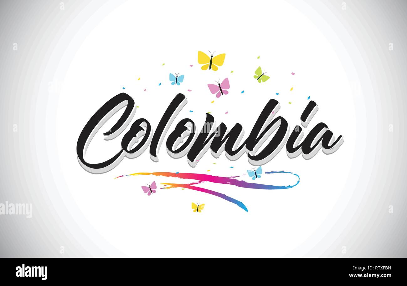 Colombia Handwritten Word Text with Butterflies and Colorful Swoosh ...