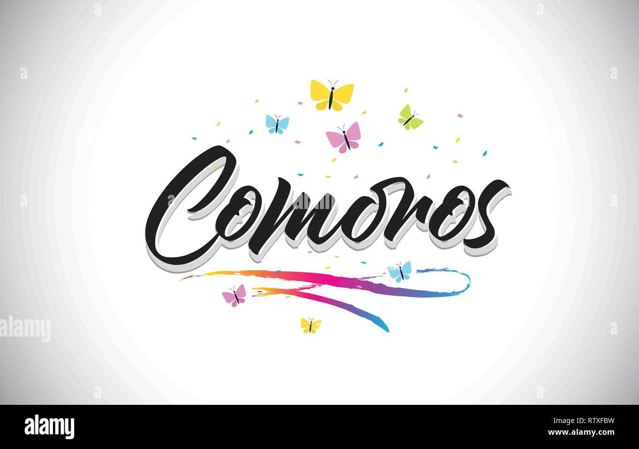Comoros Handwritten Word Text with Butterflies and Colorful Swoosh ...