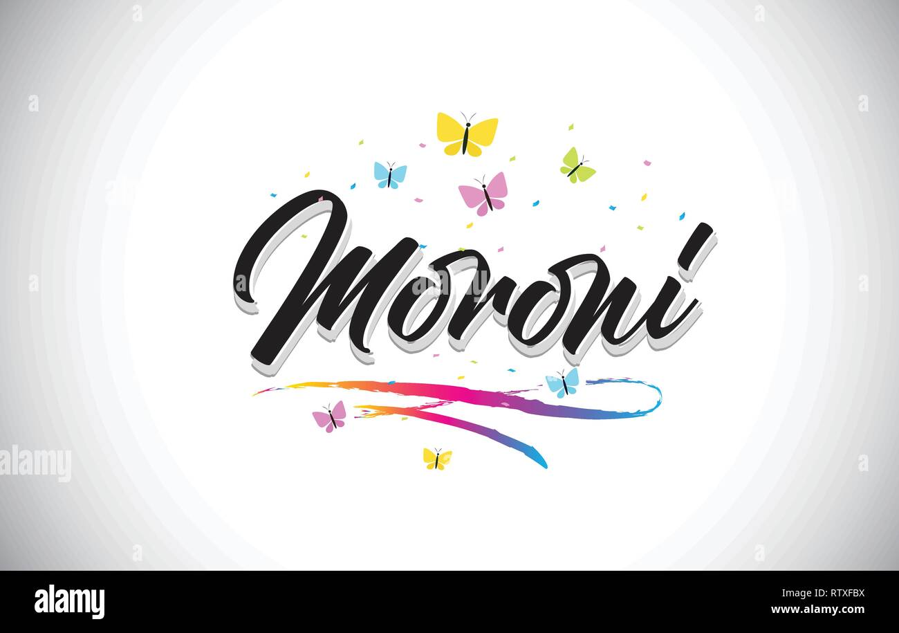 Moroni Handwritten Word Text with Butterflies and Colorful Swoosh ...
