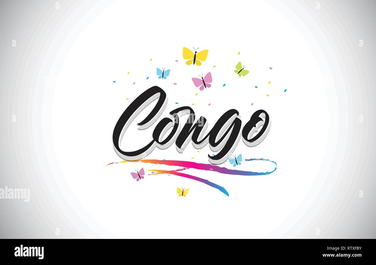 Congo Handwritten Word Text with Butterflies and Colorful Swoosh Vector ...