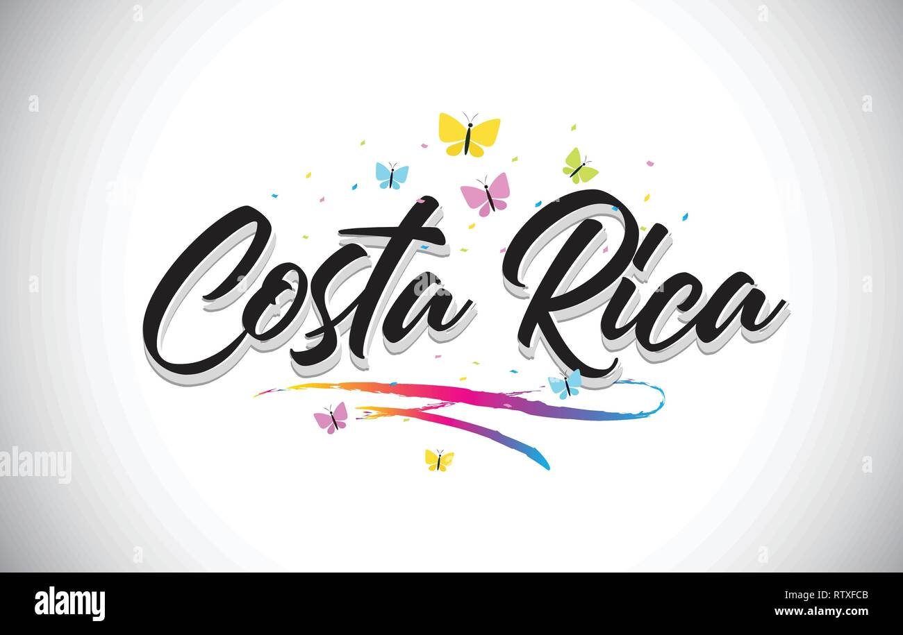 Costa Rica Handwritten Word Text with Butterflies and Colorful Swoosh ...