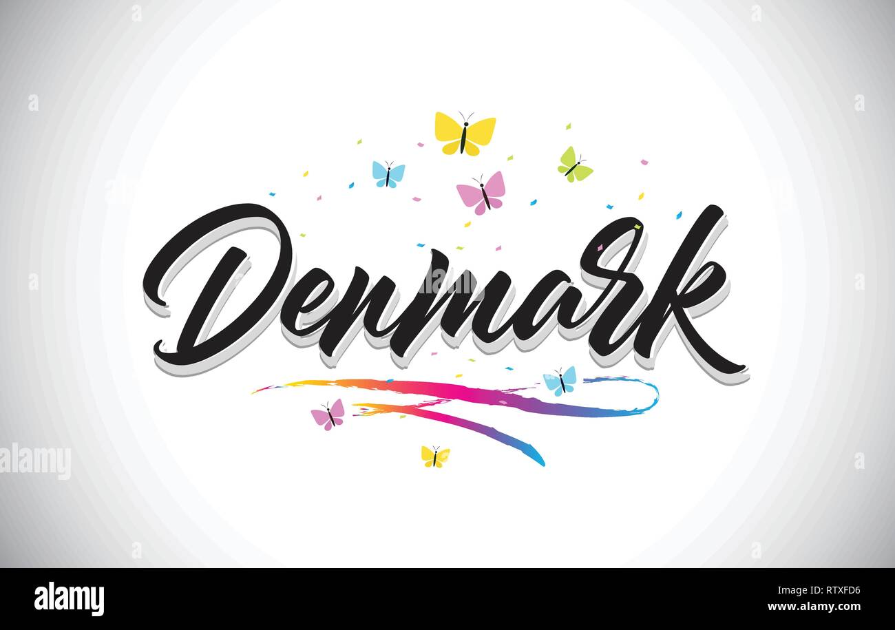 Denmark Handwritten Word Text with Butterflies and Colorful Swoosh ...