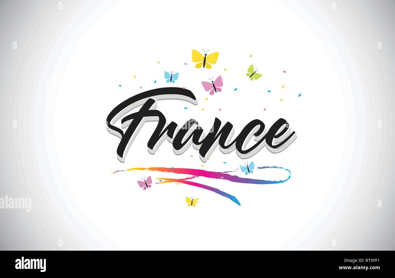 France Handwritten Word Text with Butterflies and Colorful Swoosh ...