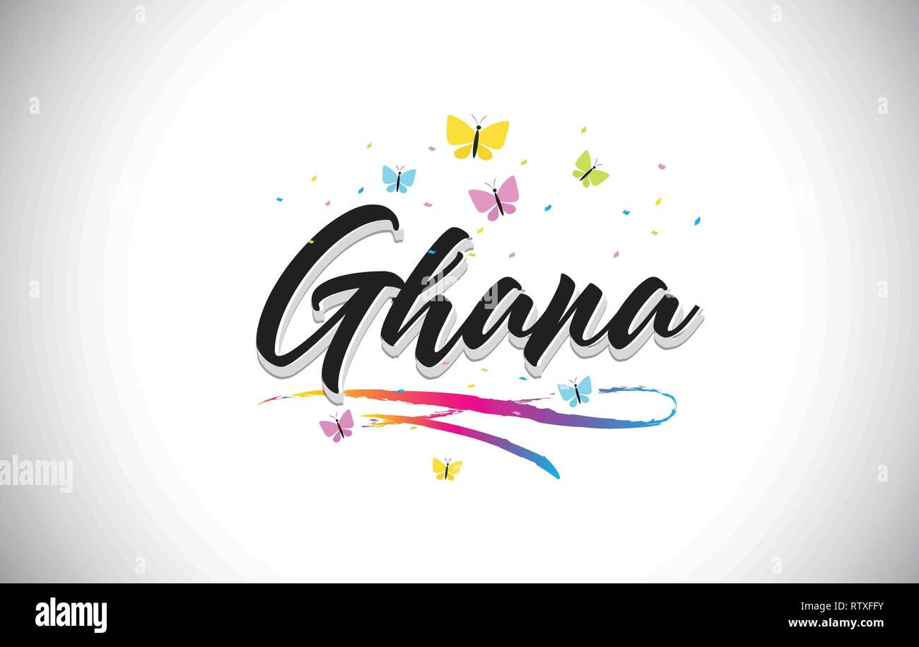 Ghana Handwritten Word Text with Butterflies and Colorful Swoosh Vector ...