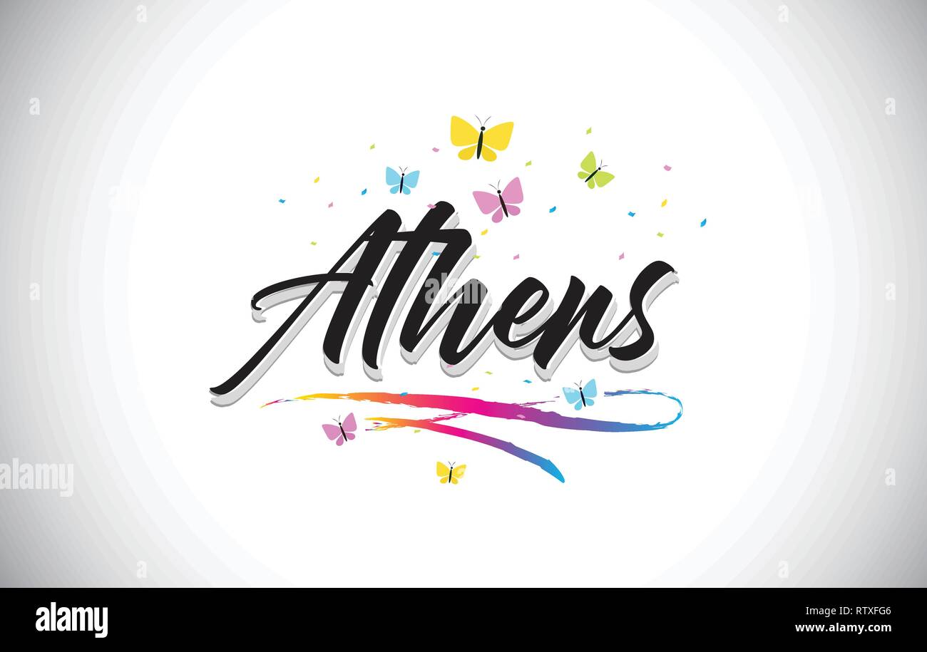 Athens Handwritten Word Text with Butterflies and Colorful Swoosh ...