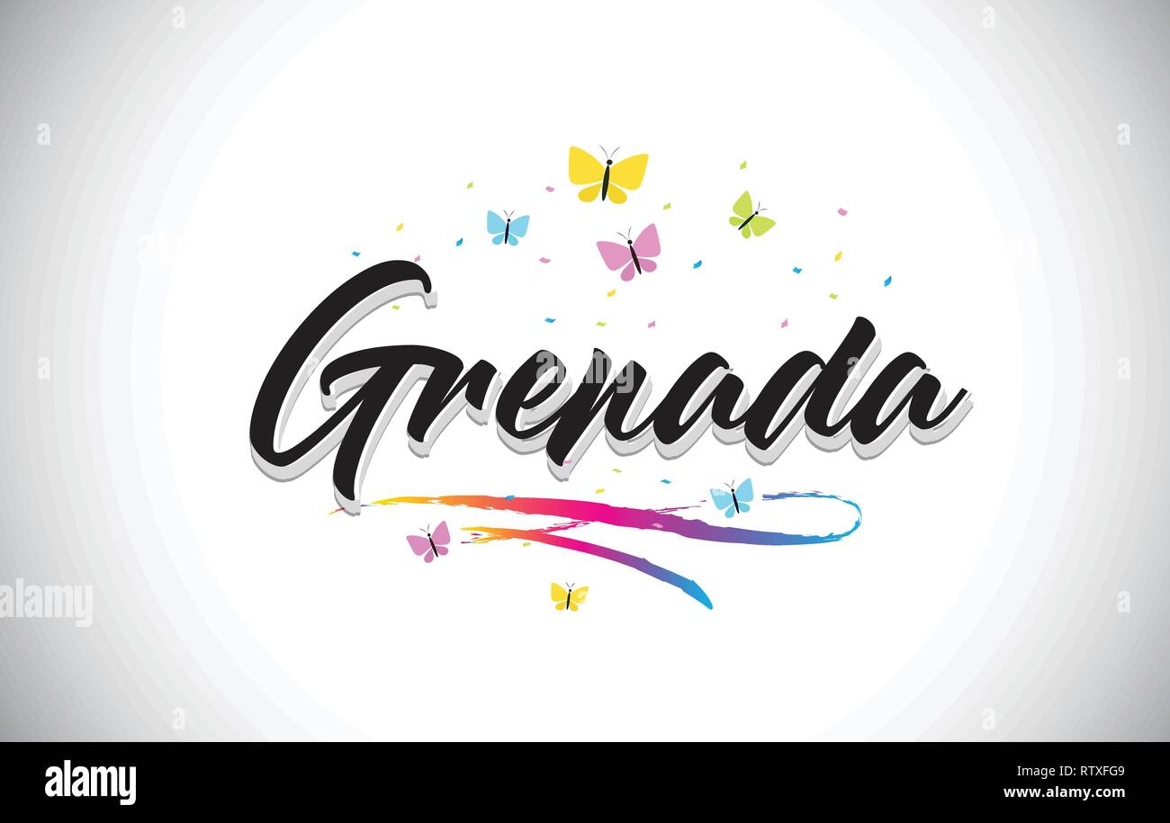 Grenada Handwritten Word Text with Butterflies and Colorful Swoosh ...