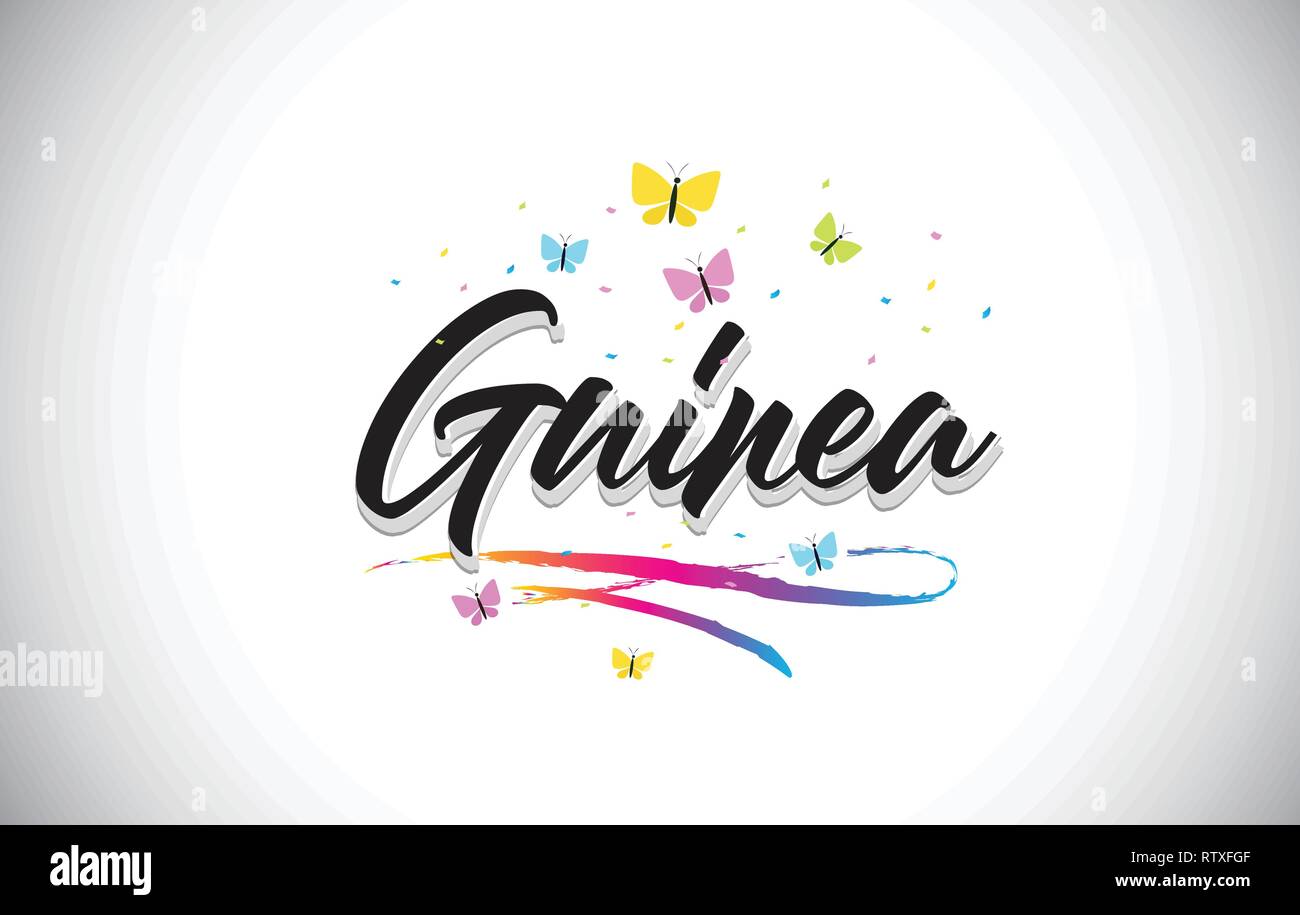 Guinea Handwritten Word Text with Butterflies and Colorful Swoosh ...