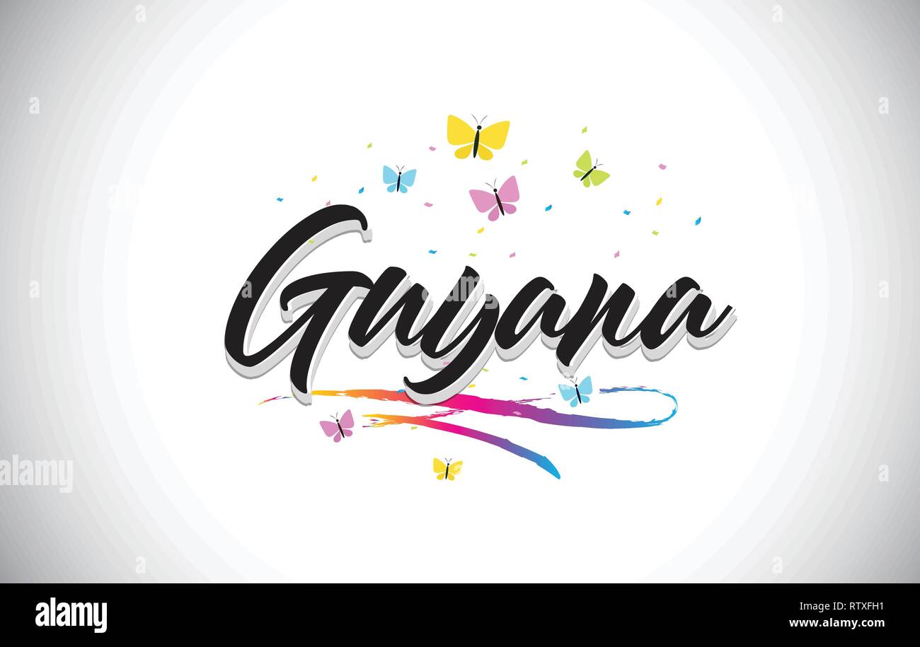 Guyana Handwritten Word Text with Butterflies and Colorful Swoosh ...