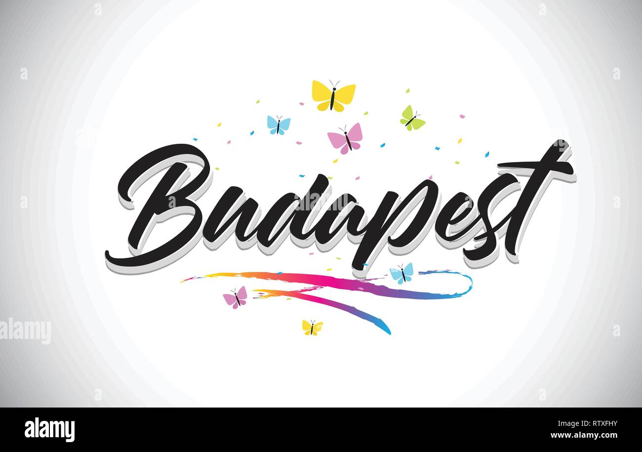 Budapest Handwritten Word Text with Butterflies and Colorful Swoosh ...
