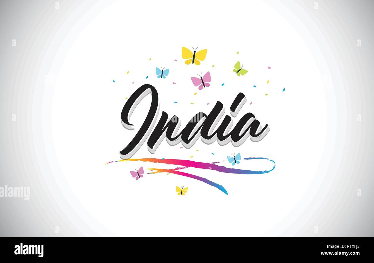 India Handwritten Word Text with Butterflies and Colorful Swoosh Vector ...