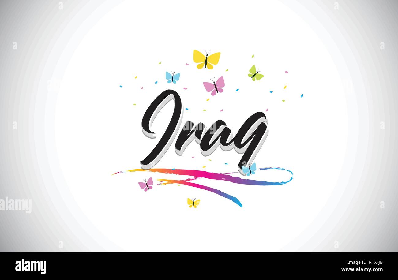 Iraq Handwritten Word Text with Butterflies and Colorful Swoosh Vector ...