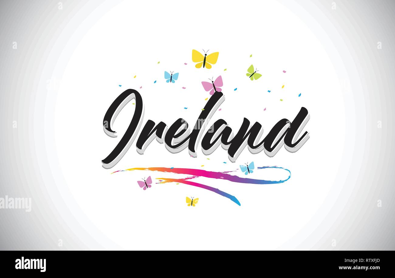 Ireland Handwritten Word Text with Butterflies and Colorful Swoosh ...