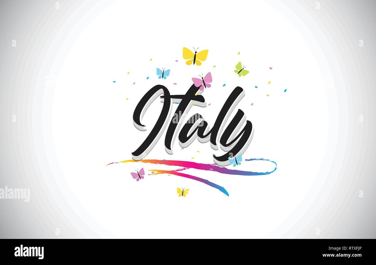 Italy Handwritten Word Text with Butterflies and Colorful Swoosh Vector ...