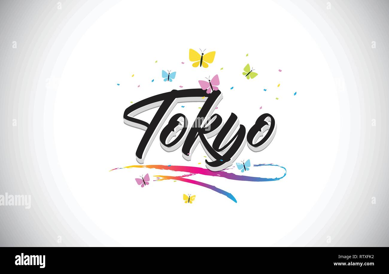 Tokyo Handwritten Word Text with Butterflies and Colorful Swoosh Vector ...
