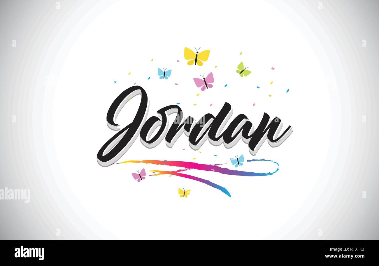 Jordan Handwritten Word Text with Butterflies and Colorful Swoosh ...