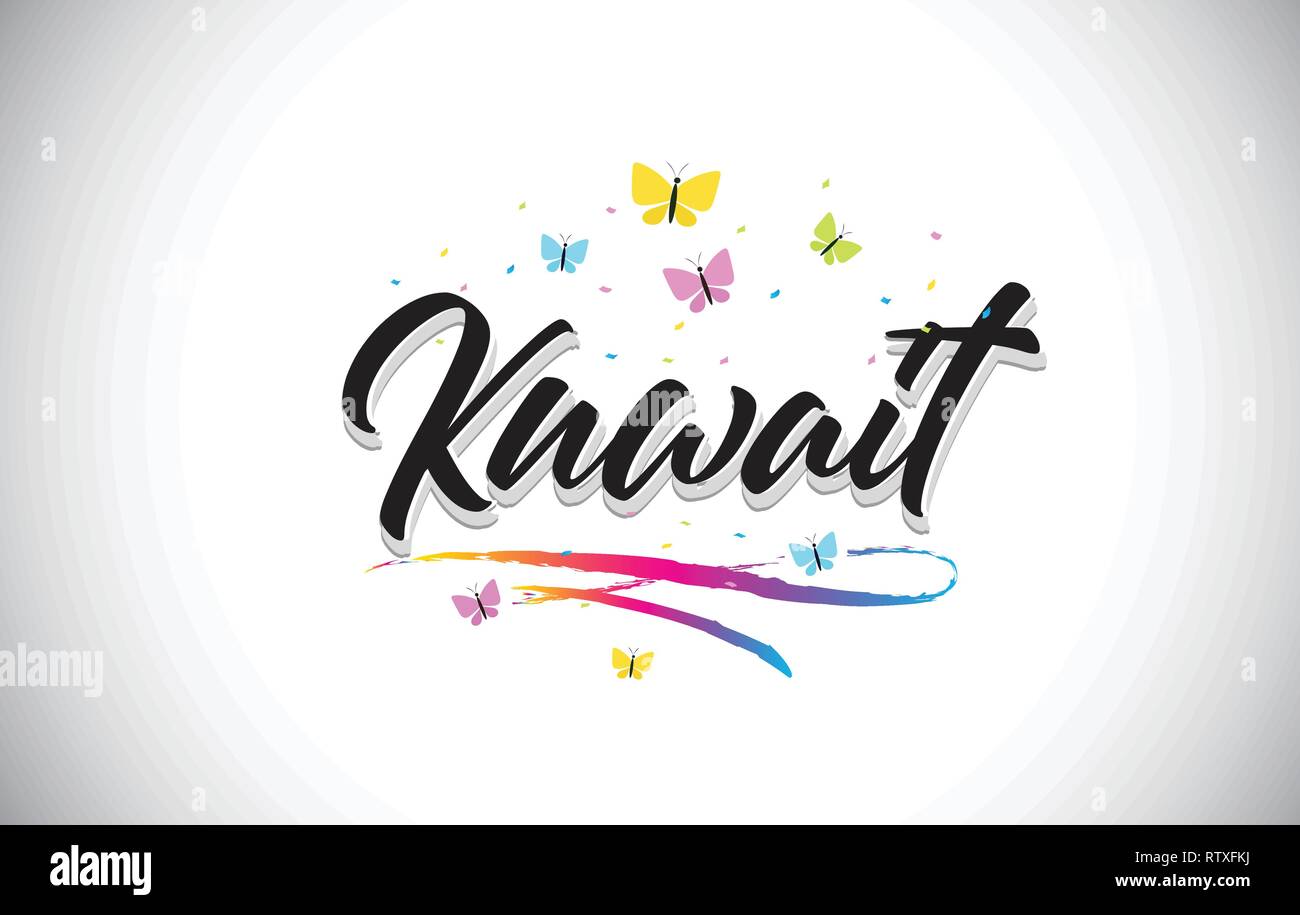 Kuwait Handwritten Word Text with Butterflies and Colorful Swoosh ...