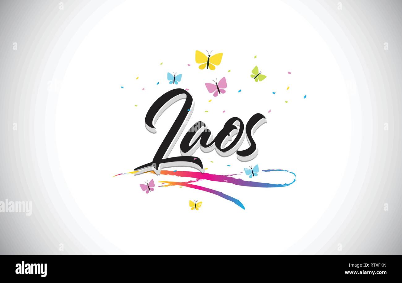 Laos Handwritten Word Text with Butterflies and Colorful Swoosh Vector ...