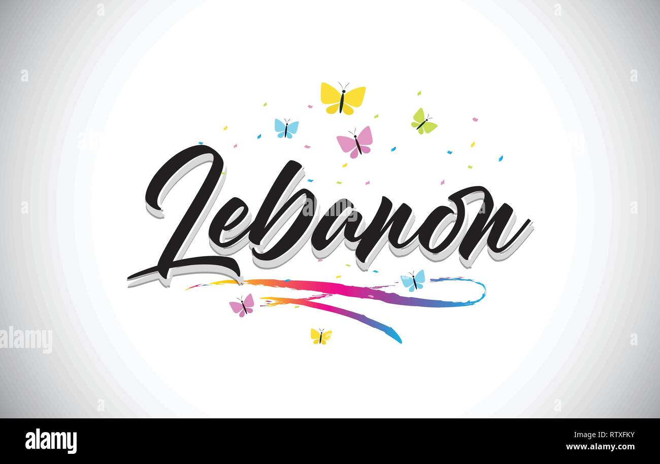 Lebanon Handwritten Word Text with Butterflies and Colorful Swoosh ...