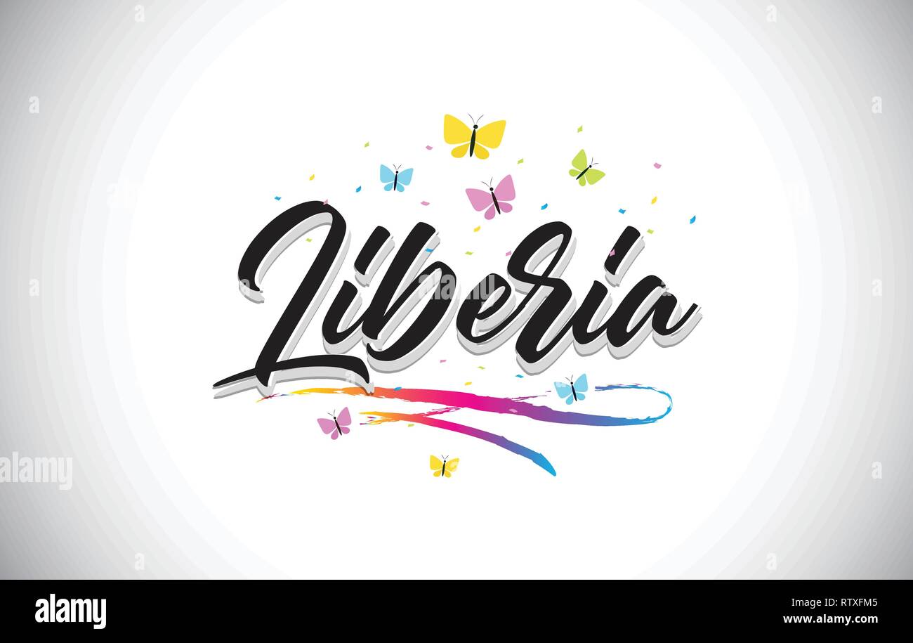 Liberia Handwritten Word Text with Butterflies and Colorful Swoosh ...