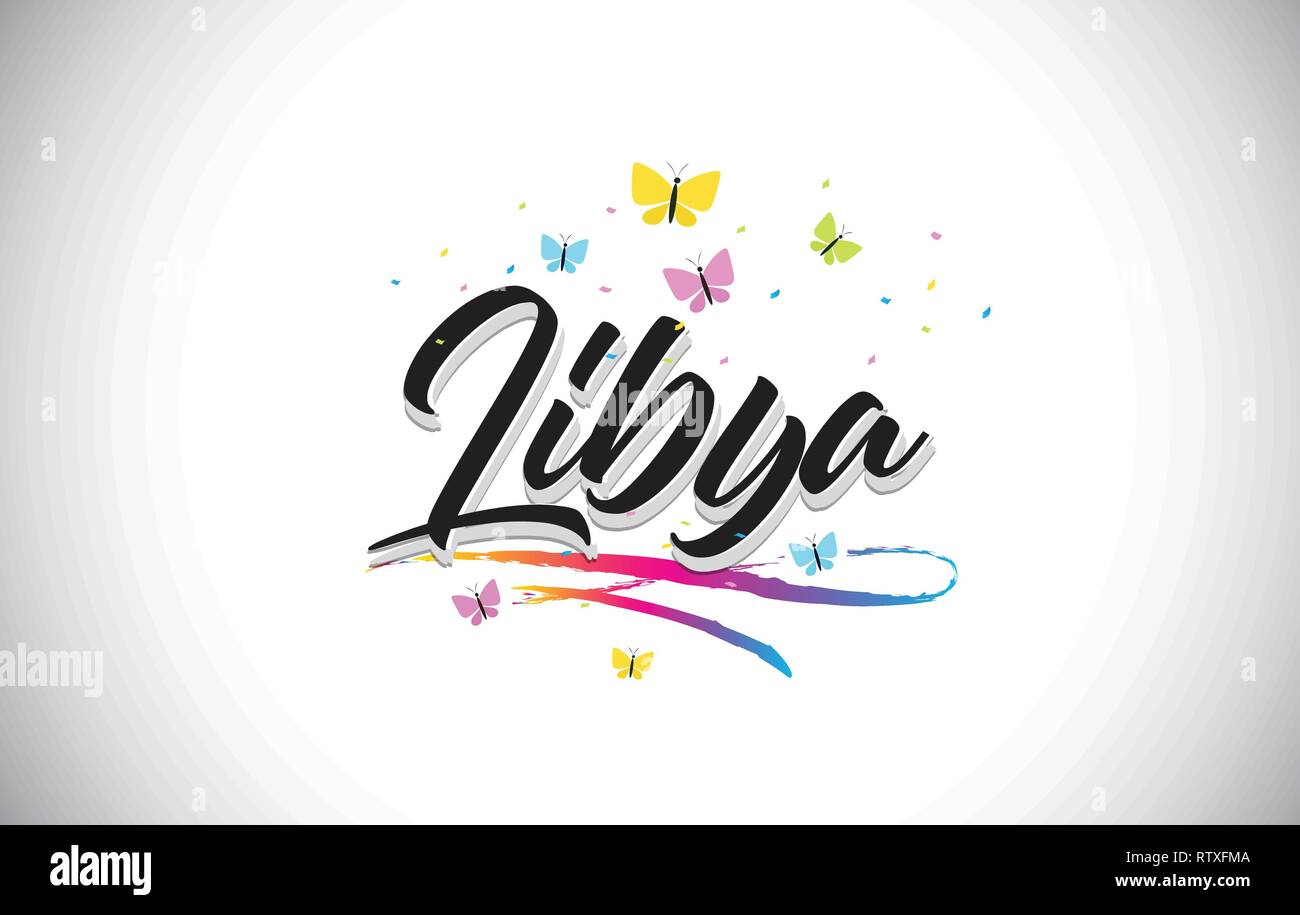 Libya Handwritten Word Text with Butterflies and Colorful Swoosh Vector ...