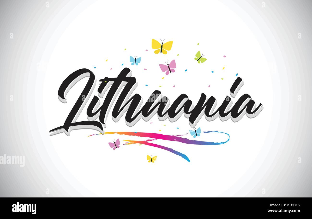 Lithuania Handwritten Word Text with Butterflies and Colorful Swoosh ...