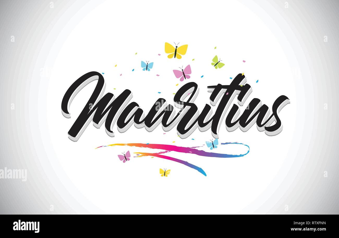 Mauritius Handwritten Word Text with Butterflies and Colorful Swoosh ...