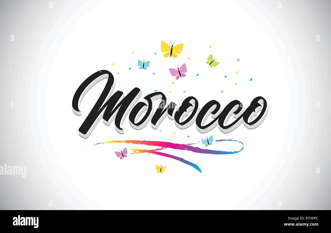 Morocco Handwritten Word Text with Butterflies and Colorful Swoosh ...