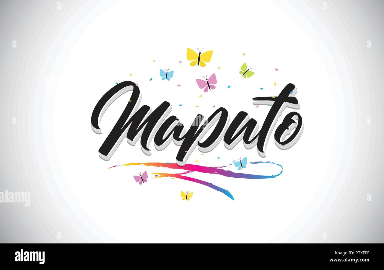 Maputo Handwritten Word Text with Butterflies and Colorful Swoosh ...