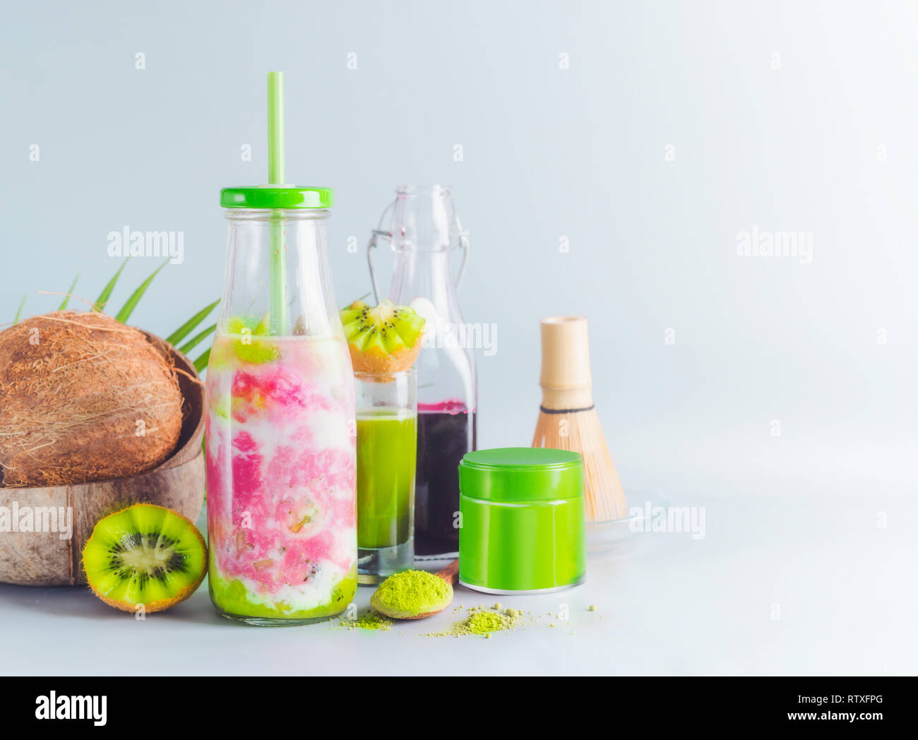 Vegan matcha fusion drink in bottle with ingredients: matcha, red ...