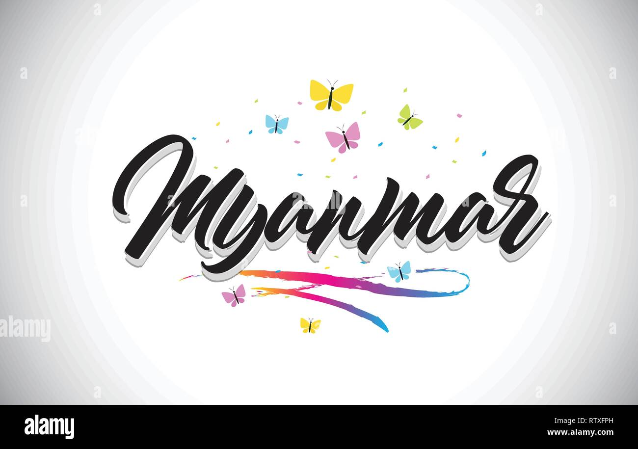Myanmar Handwritten Word Text with Butterflies and Colorful Swoosh ...