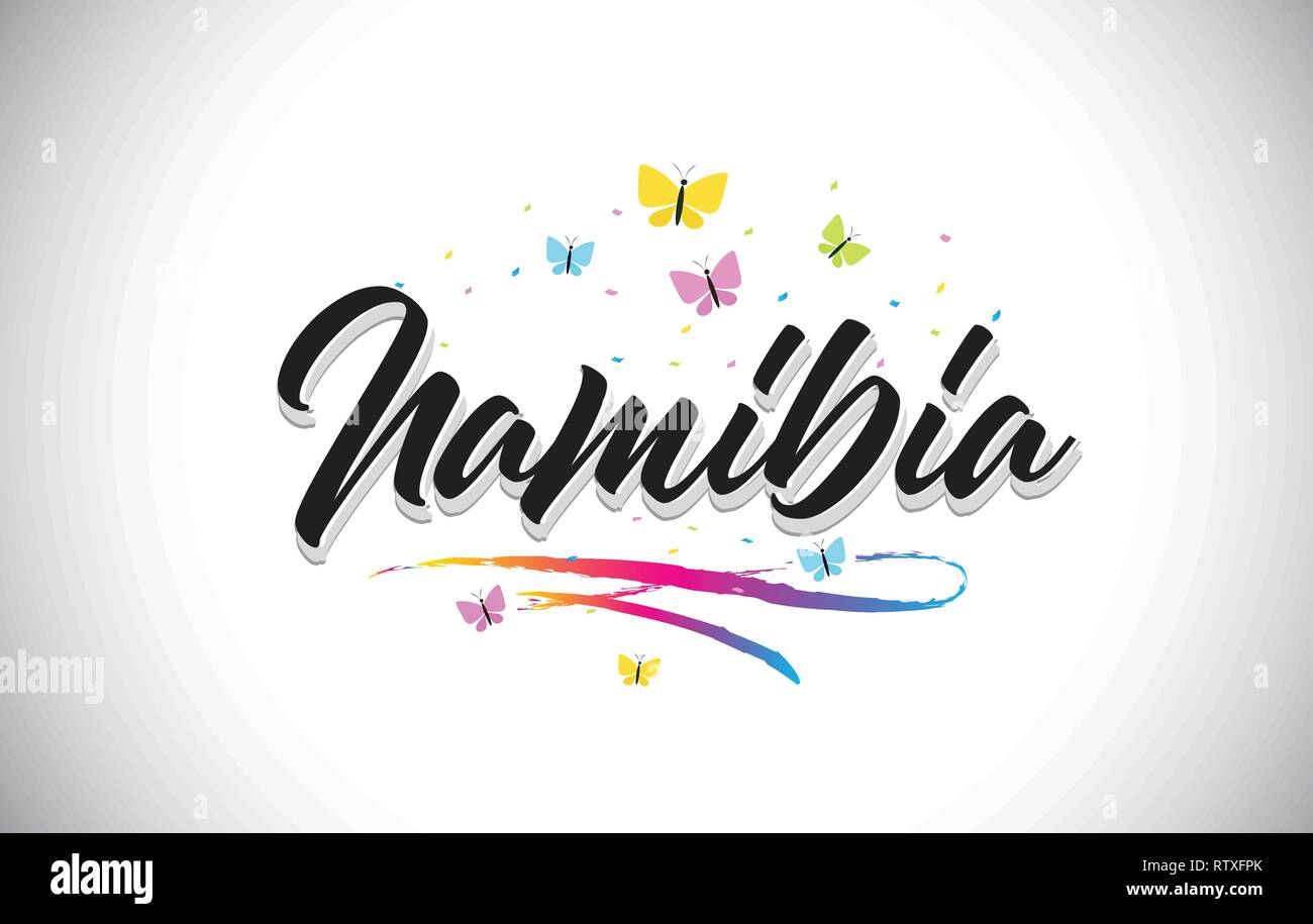 Namibia Handwritten Word Text with Butterflies and Colorful Swoosh ...