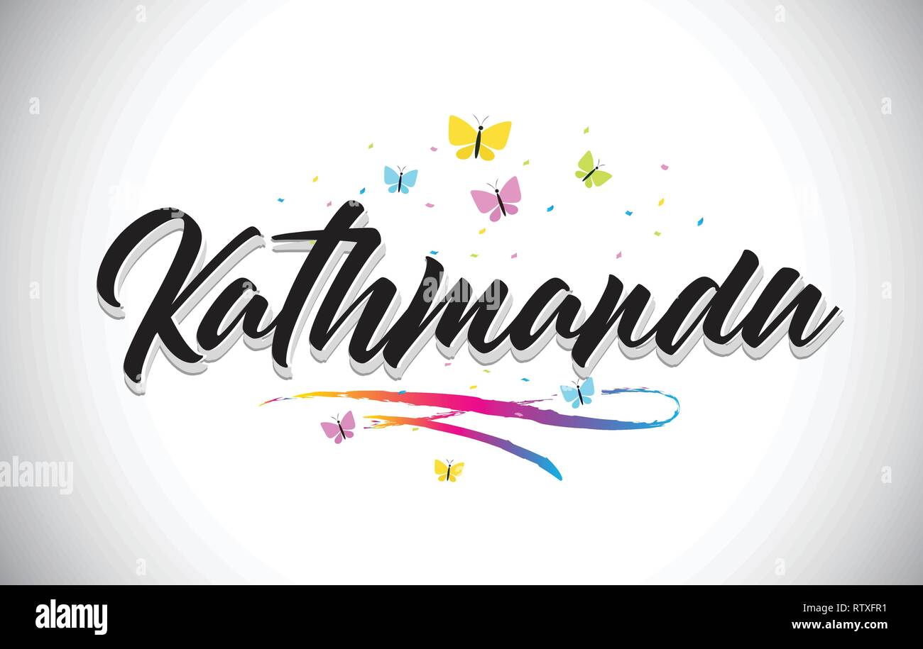 Kathmandu Handwritten Word Text with Butterflies and Colorful Swoosh ...