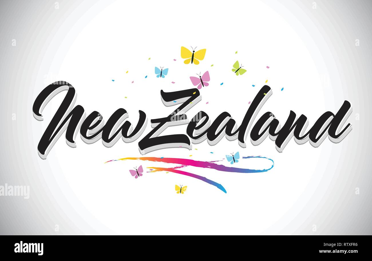 NewZealand Handwritten Word Text with Butterflies and Colorful Swoosh ...
