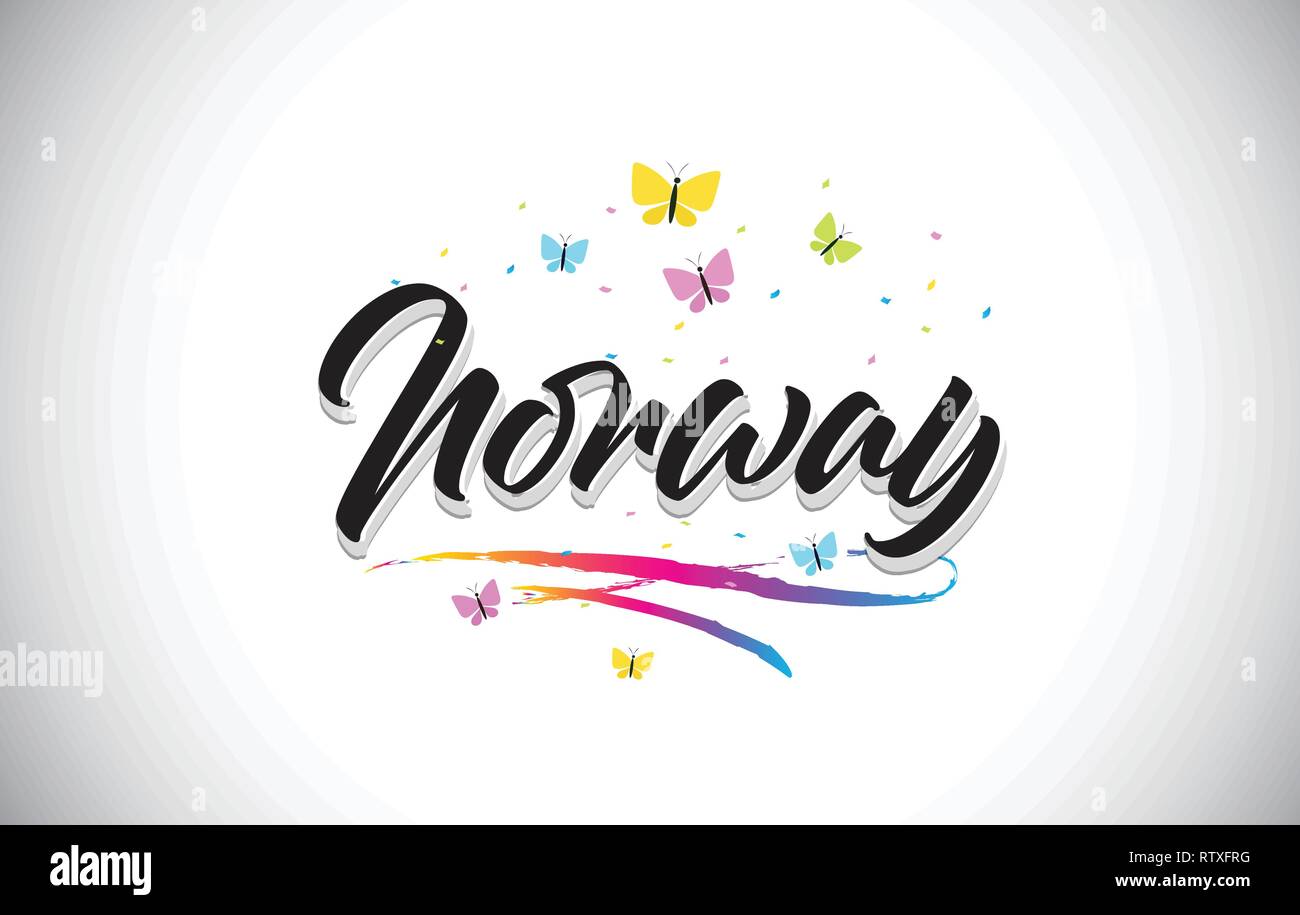 Norway Handwritten Word Text with Butterflies and Colorful Swoosh ...
