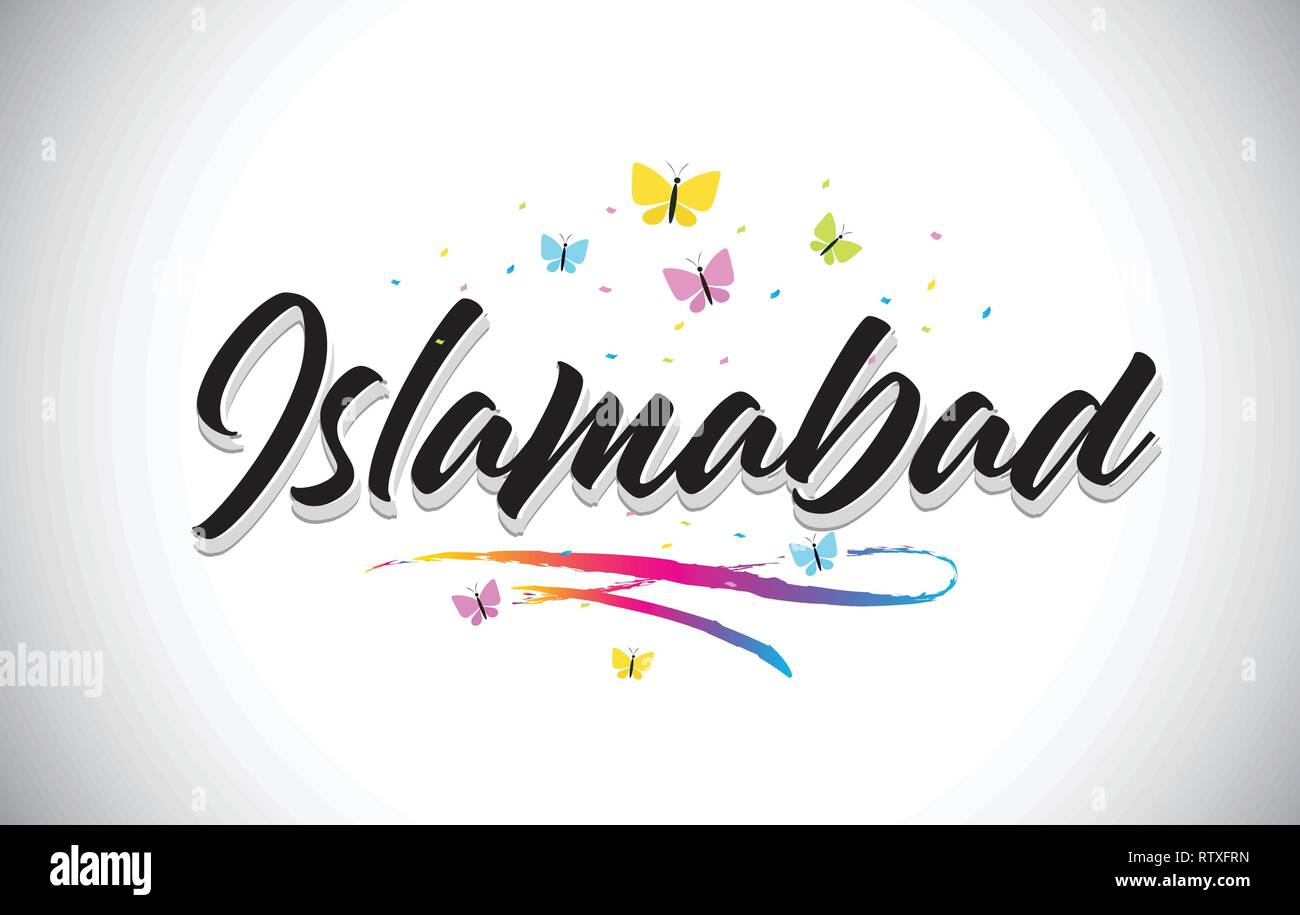 Islamabad Handwritten Word Text with Butterflies and Colorful Swoosh ...