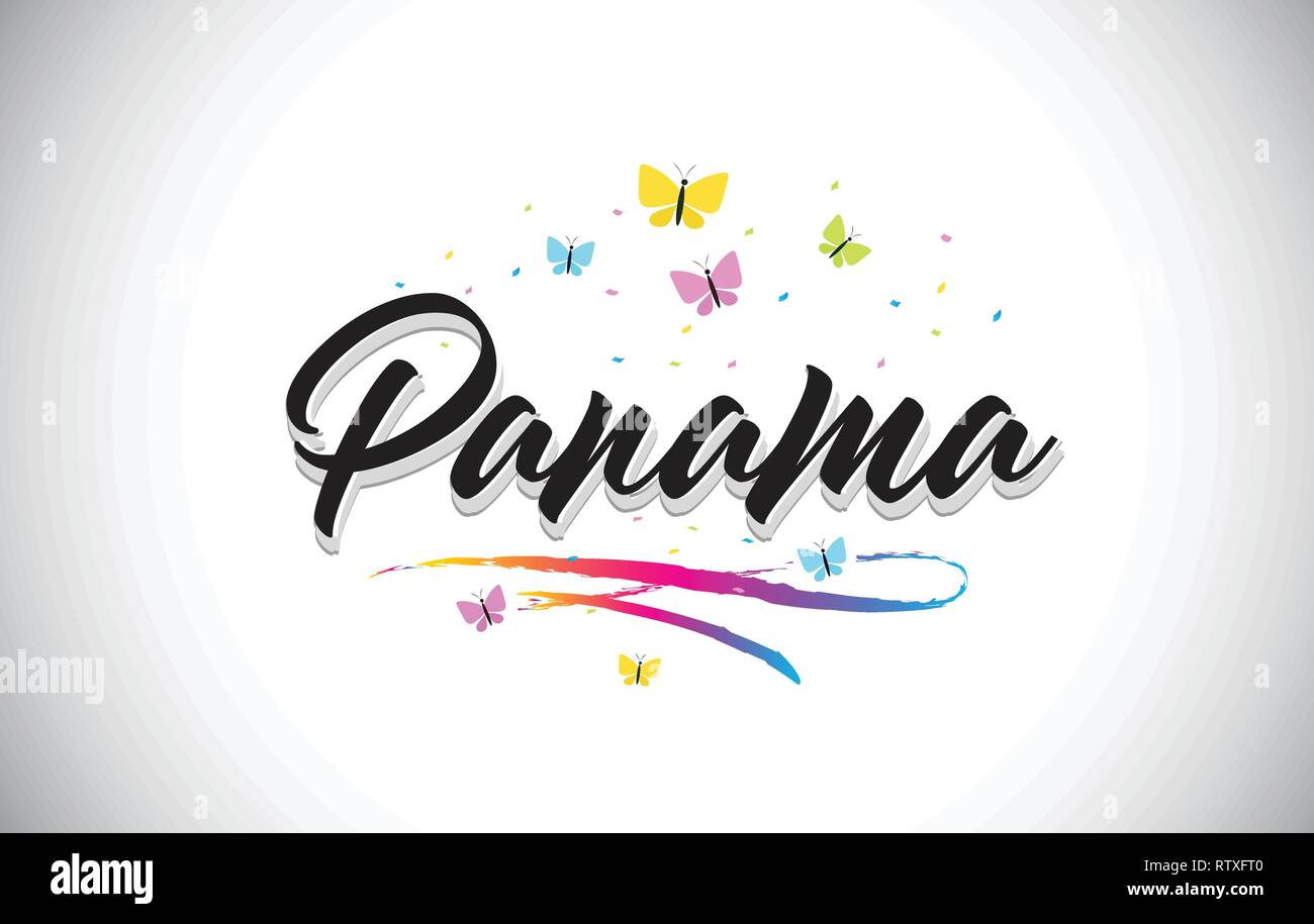 Panama Handwritten Word Text with Butterflies and Colorful Swoosh ...