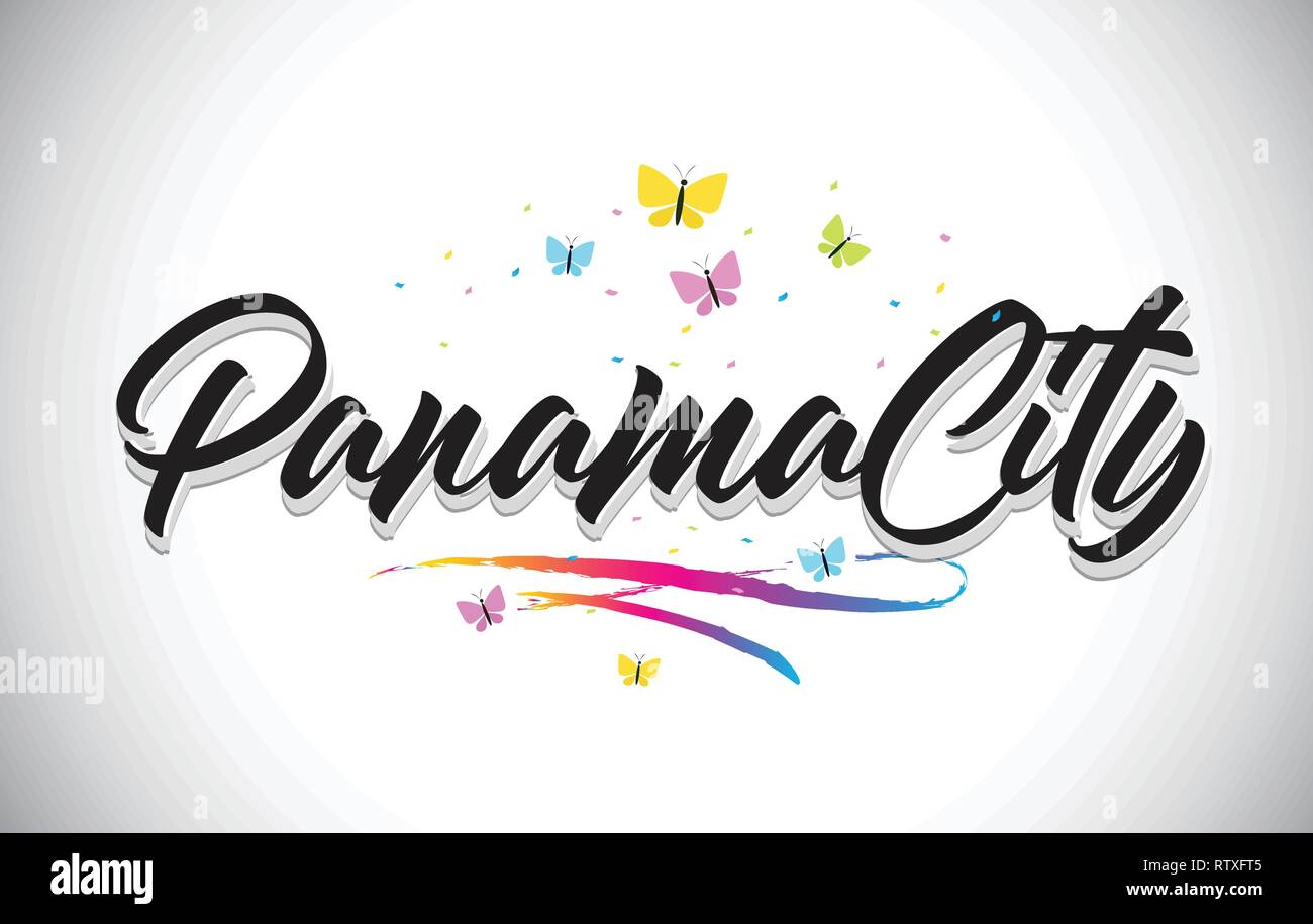 PanamaCity Handwritten Word Text with Butterflies and Colorful Swoosh ...