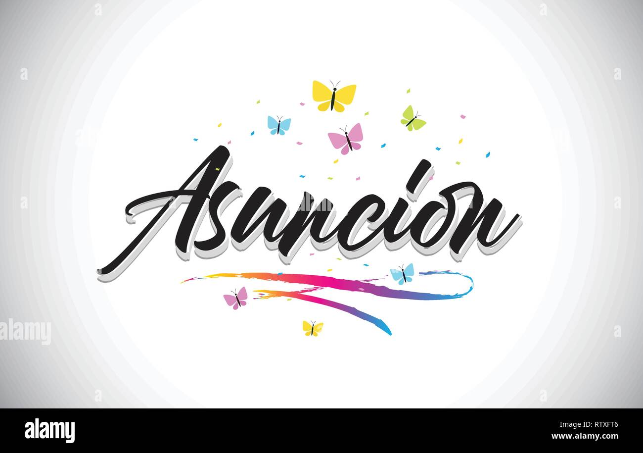 Asuncion Handwritten Word Text with Butterflies and Colorful Swoosh ...