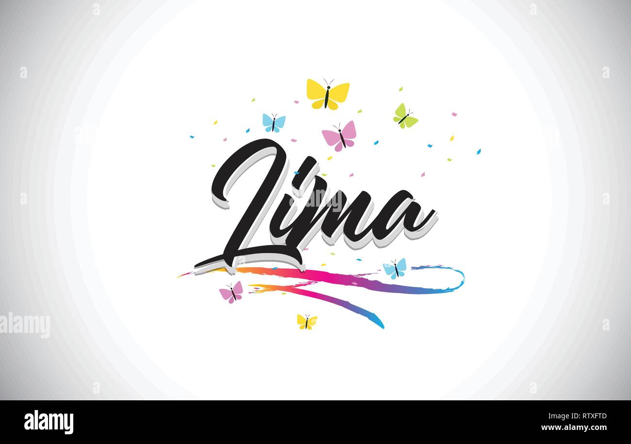 Lima Handwritten Word Text with Butterflies and Colorful Swoosh Vector ...