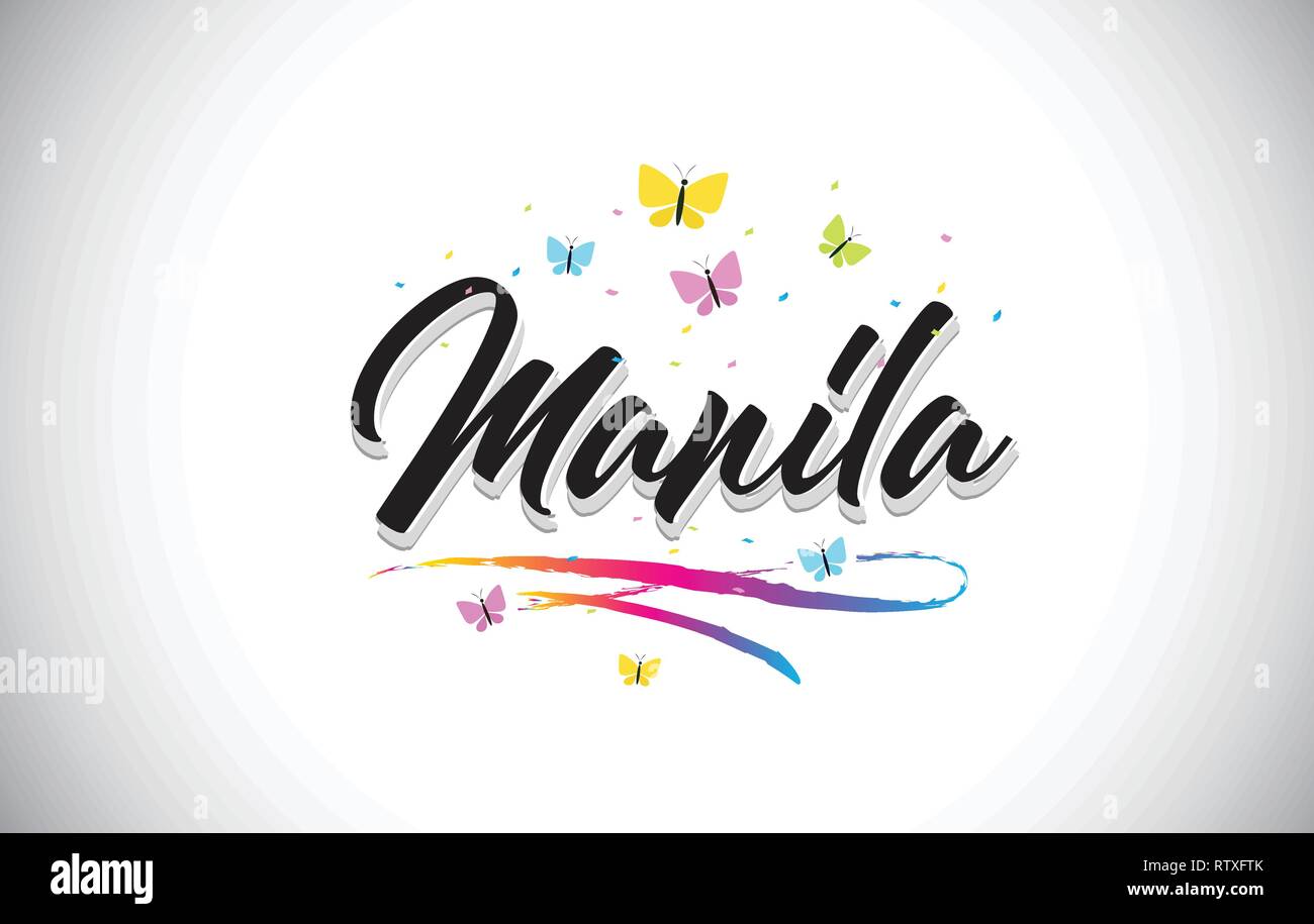 Manila Handwritten Word Text with Butterflies and Colorful Swoosh ...