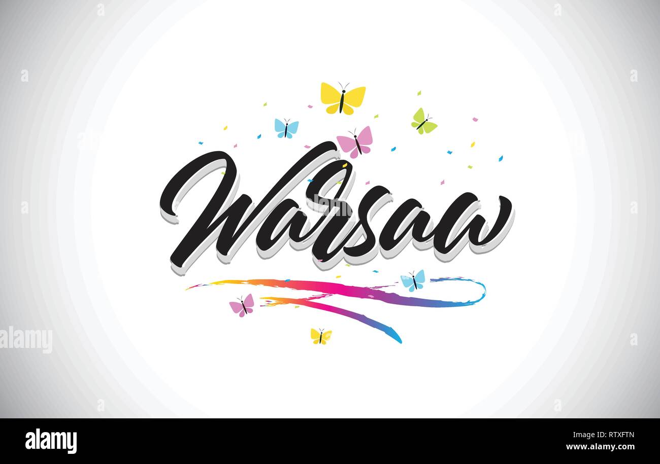 Warsaw Handwritten Word Text with Butterflies and Colorful Swoosh ...