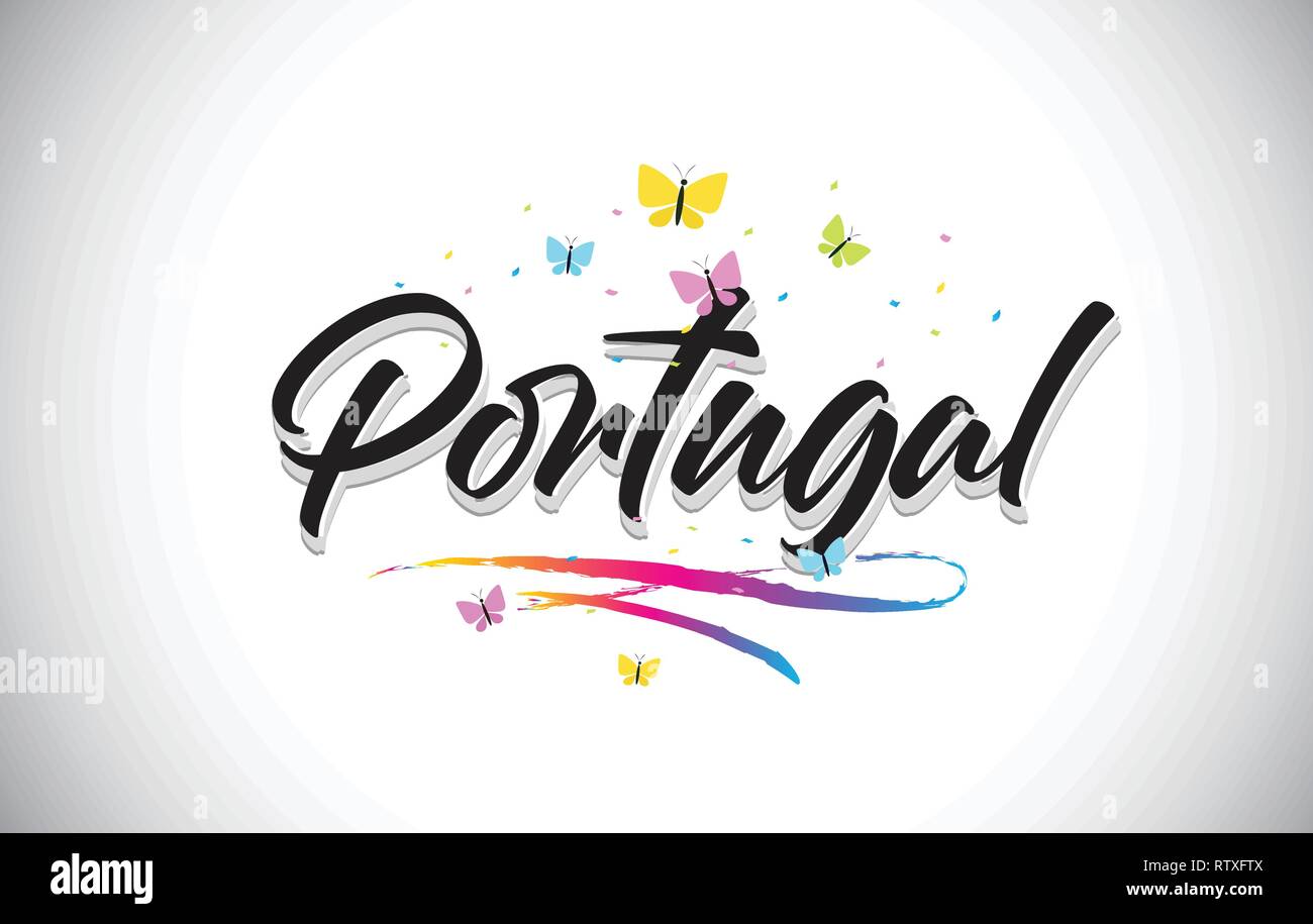 Portugal Handwritten Word Text with Butterflies and Colorful Swoosh ...