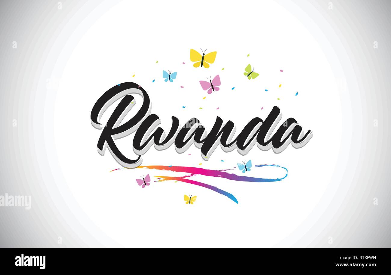 Rwanda Handwritten Word Text with Butterflies and Colorful Swoosh ...