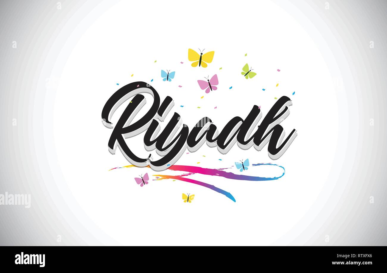 Riyadh Handwritten Word Text with Butterflies and Colorful Swoosh ...